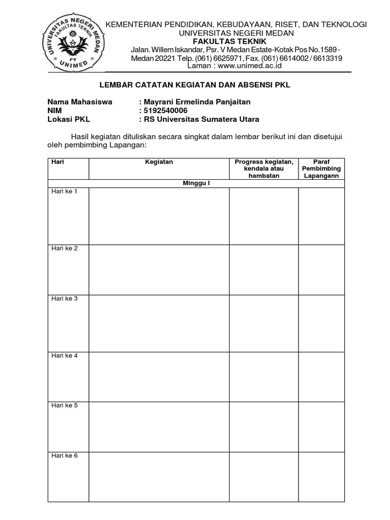 Laporan Logbook PKL Unimed | PDF