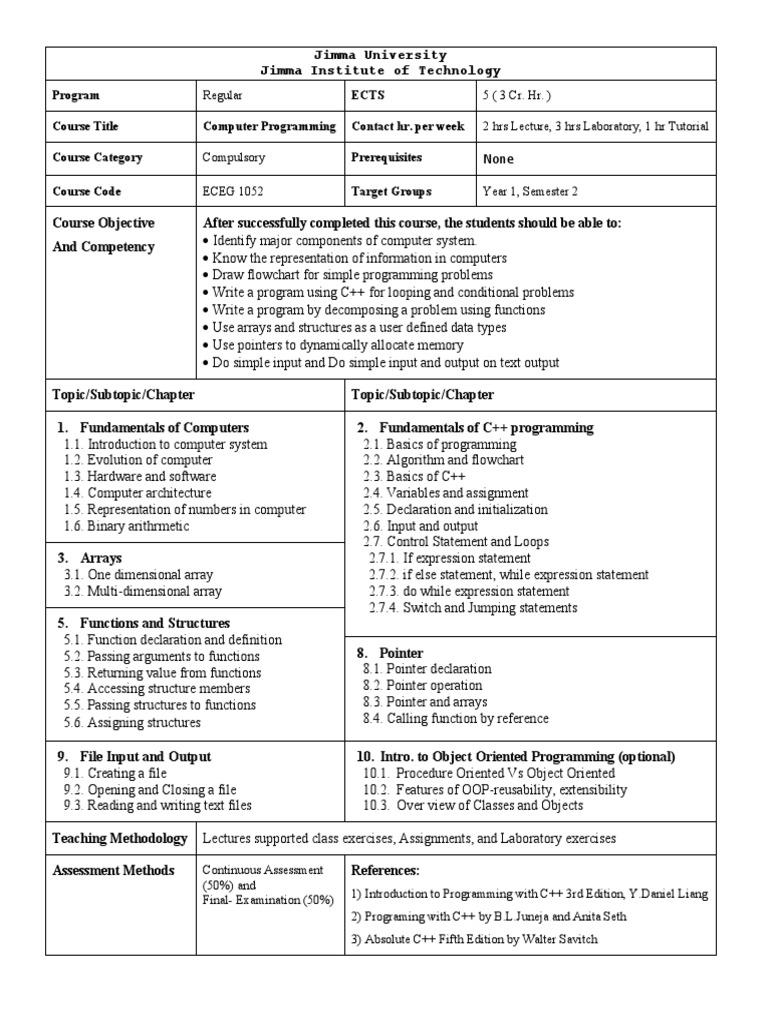 Jimma University Course Outline | PDF | C++ | Pointer (Computer ...