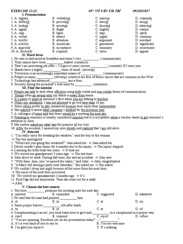 Pronunciation, Word Forms, Grammar, and Communication Skills Practice ...