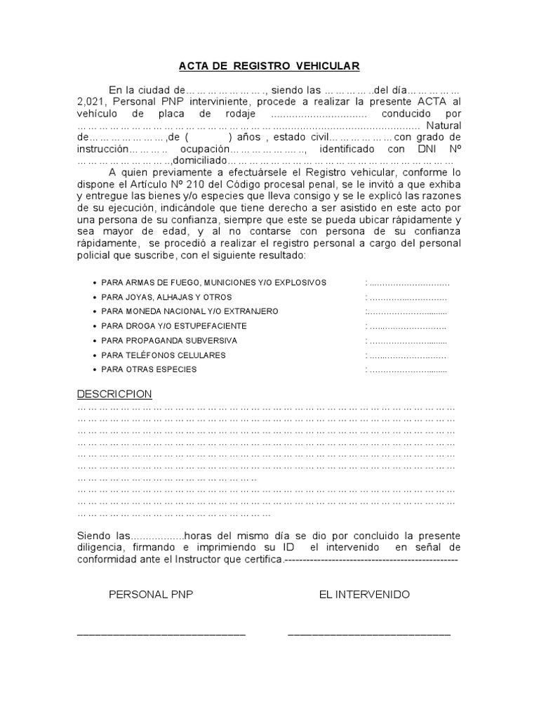 Acta de Registro Vehicular PNP | PDF