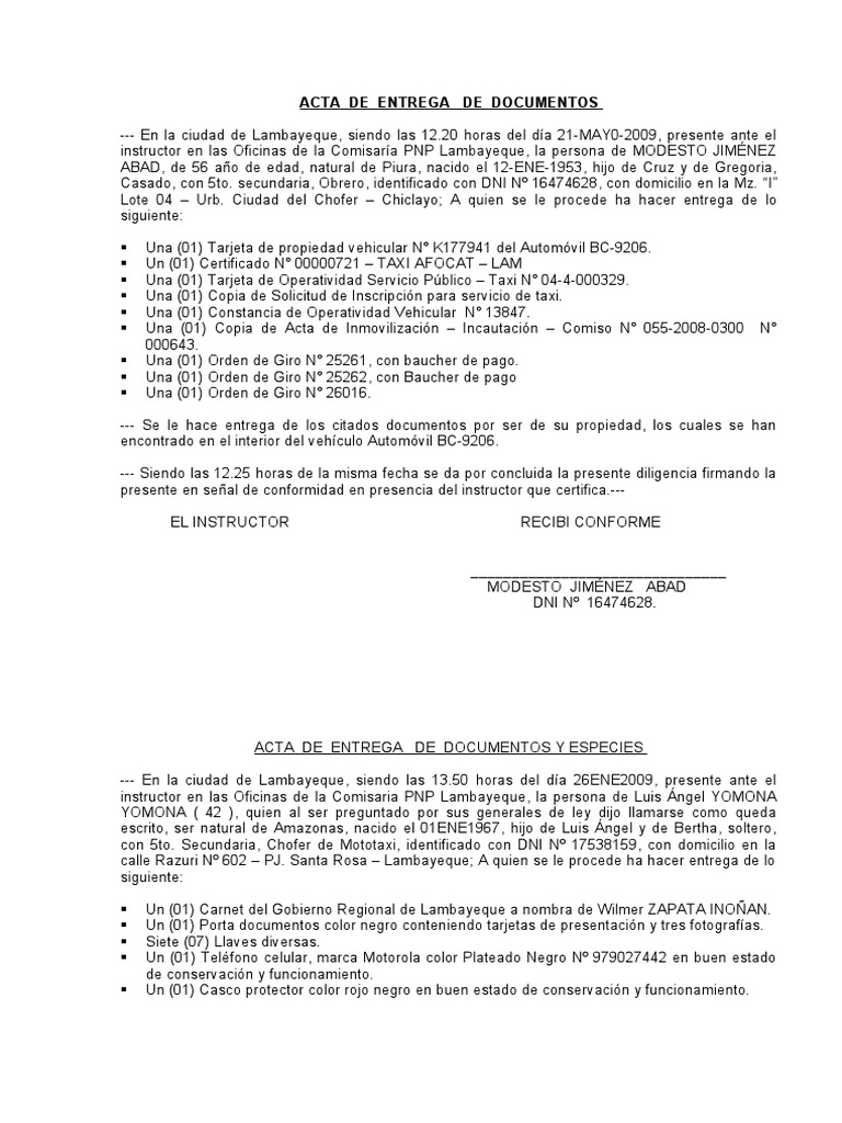 Acta de Entrega de Documentos Vehiculares | PDF