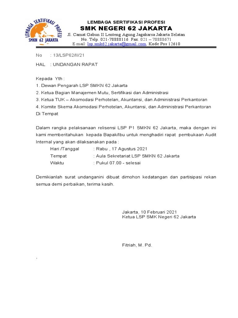 Undangan Rapat Audit Internal LSP SMK 62 | PDF