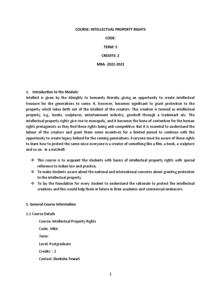Intellectual Propeties Rights For MBA - Law | PDF | Educational ...