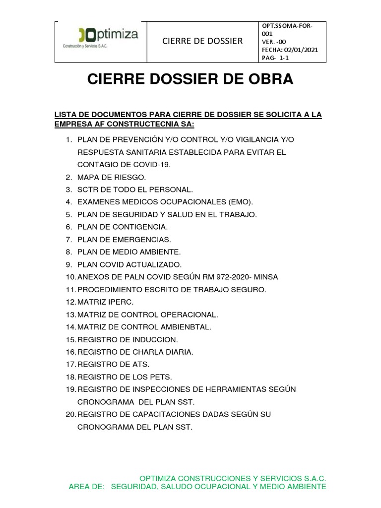 Cierre de Dossier de Obra SST | PDF