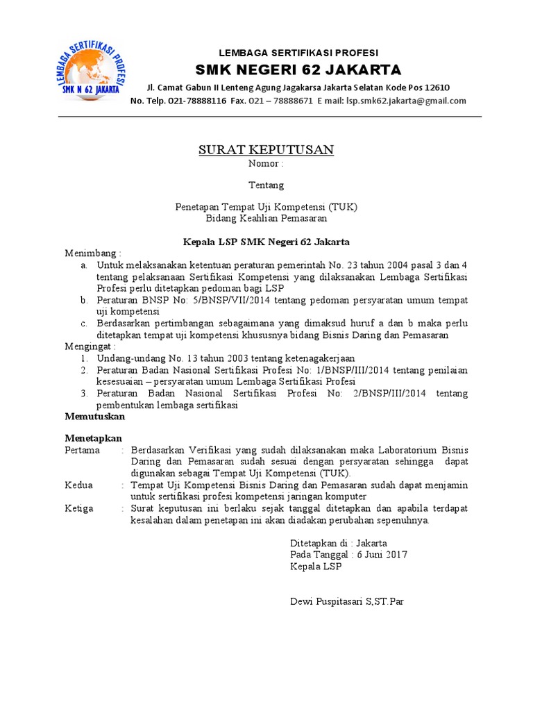 SURAT KEPUTUSAN Penetapan Tuk TKJ | PDF