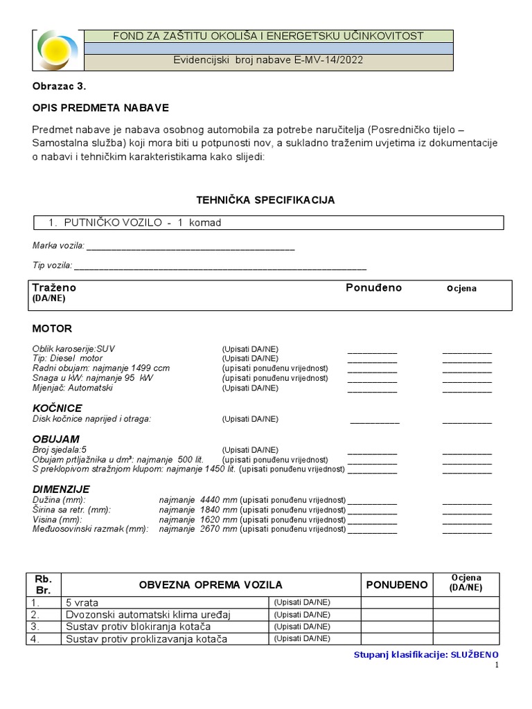 Tehnička Specifikacija SUV Vozila Za FZOEU | PDF