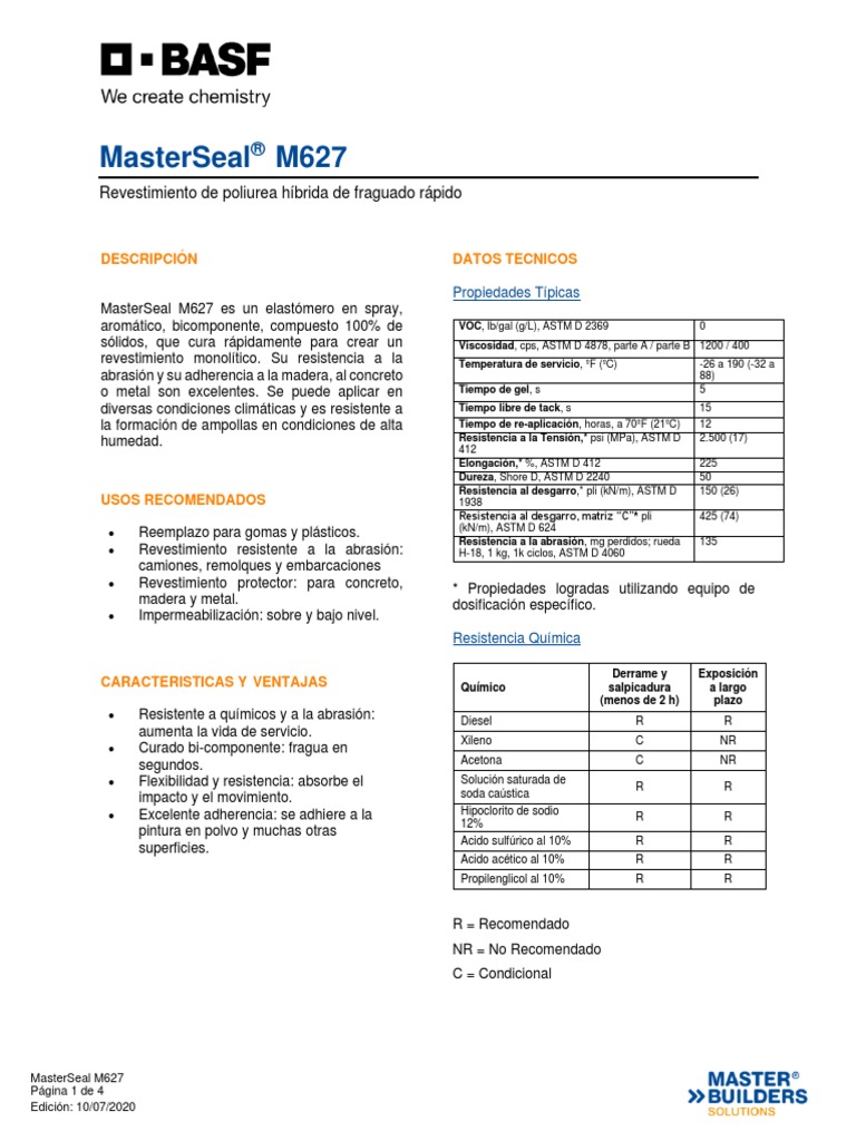 BASF MasterSeal M627 | PDF | Hormigón | Revestimiento
