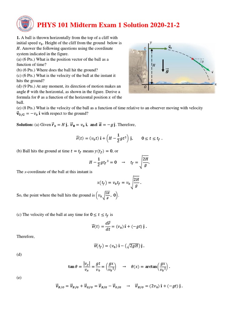 PHYS 101 Midterm Exam 1 Solution 2020-21-2: 1. A Ball Is Thrown Horizontally From The Top of A ...