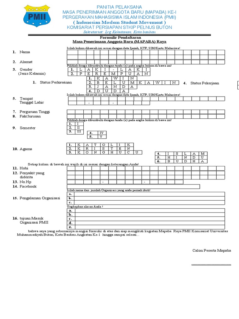 Formulir Pendaftaran Pmii | PDF