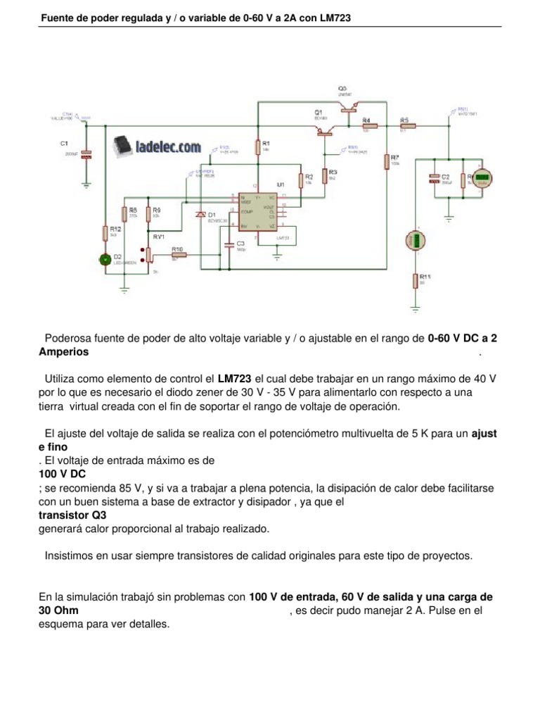 Fuente de Poder Regulada y o Variable de 0 60 V A 2a Con lm723 | PDF