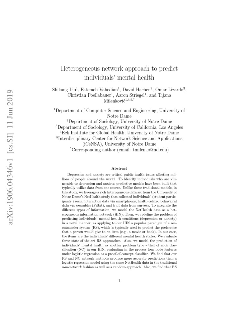 Heterogeneous Network Approach To Predict Individu Pdf Psychology