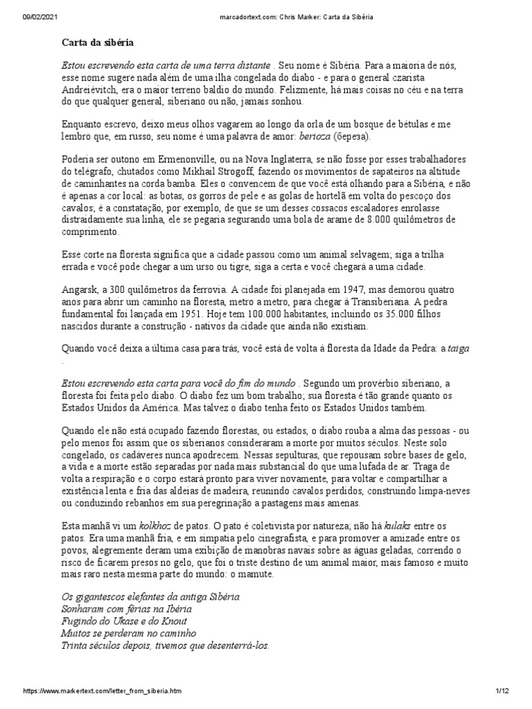 DOCUMENTARIO - ROTEIRO - Chris Marker - Carta Da Sibéria | PDF | Sibéria | Política mundial