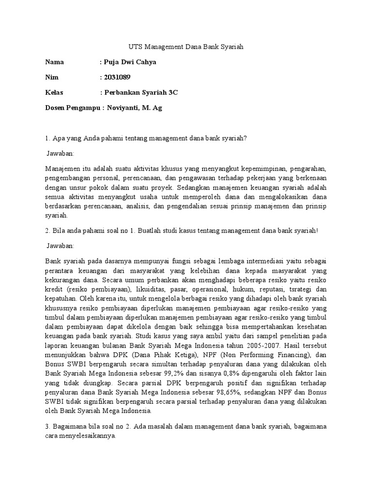 UTS Management Dana Bank Syariah-Puja | PDF