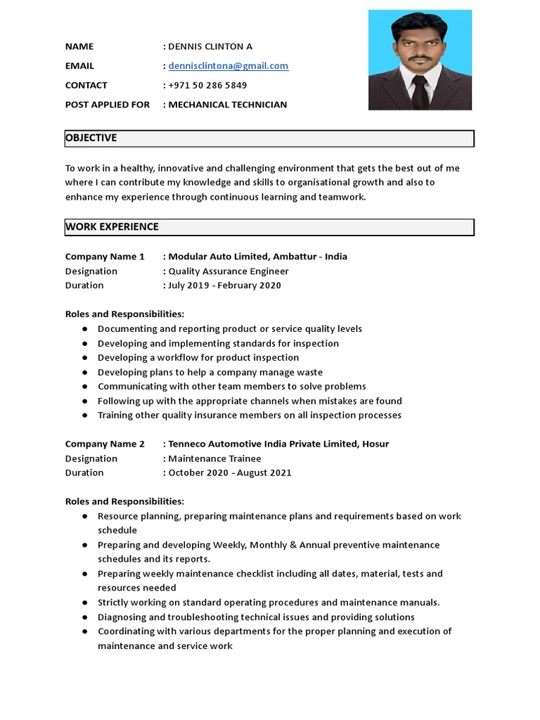 Dennis Clinton Resume - Mechanical Technician-1 | PDF | Engineering | Quality Assurance
