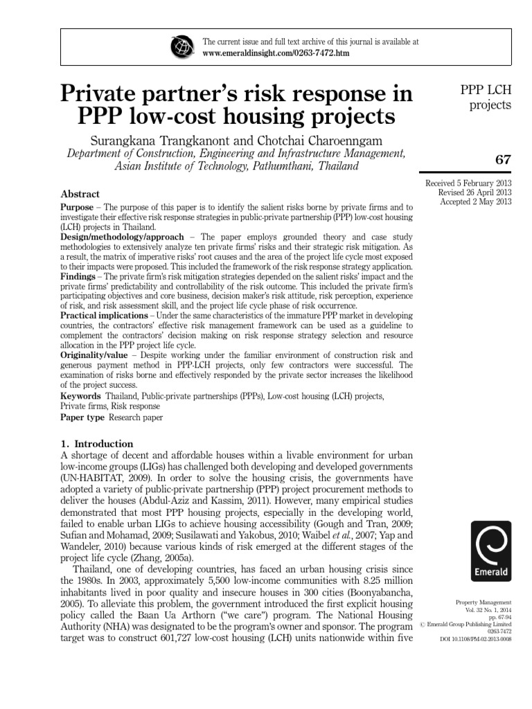 Private Partner's Risk Response in PPP Low Cost Housing Project | PDF ...