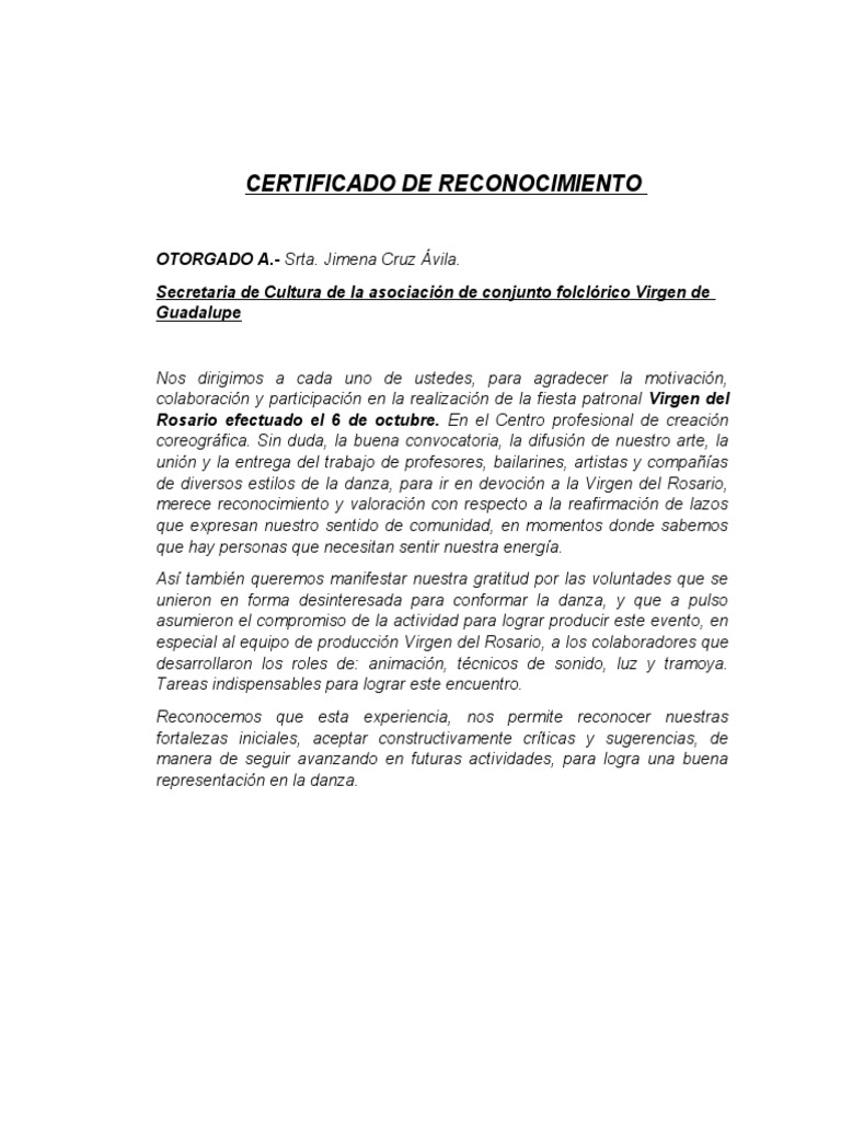Certificado de Reconocimiento | PDF