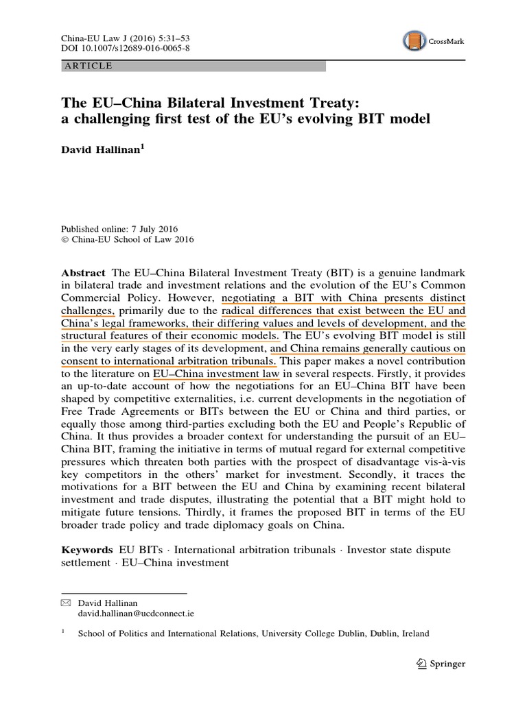 The EU-China Bilateral Investment Treaty - A Challenging First Test of ...