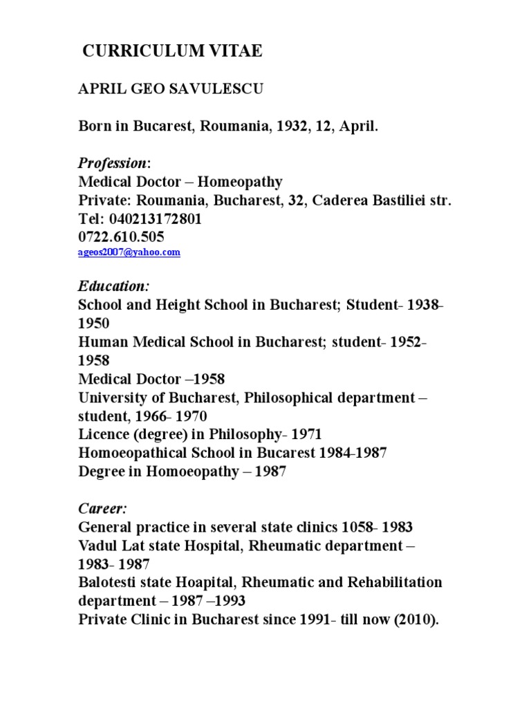 CV April Geo Savulescu Word | PDF | Homeopathy | Medicine