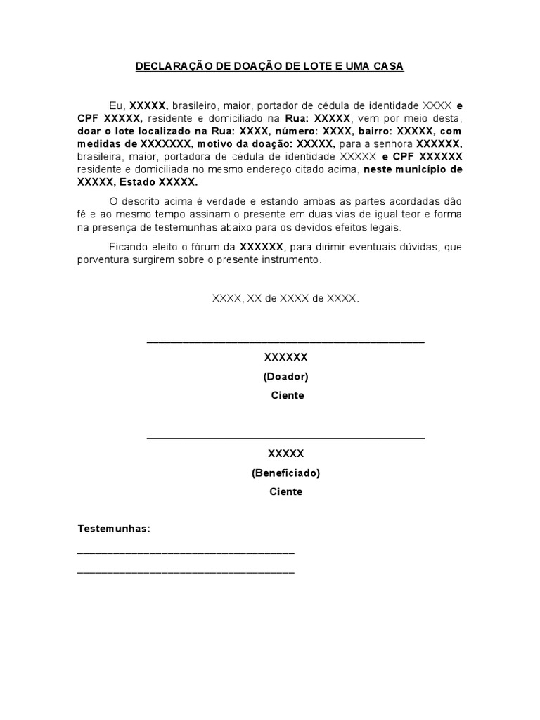 Declaração de Doação de Lote e Uma Casa - Modelo | PDF