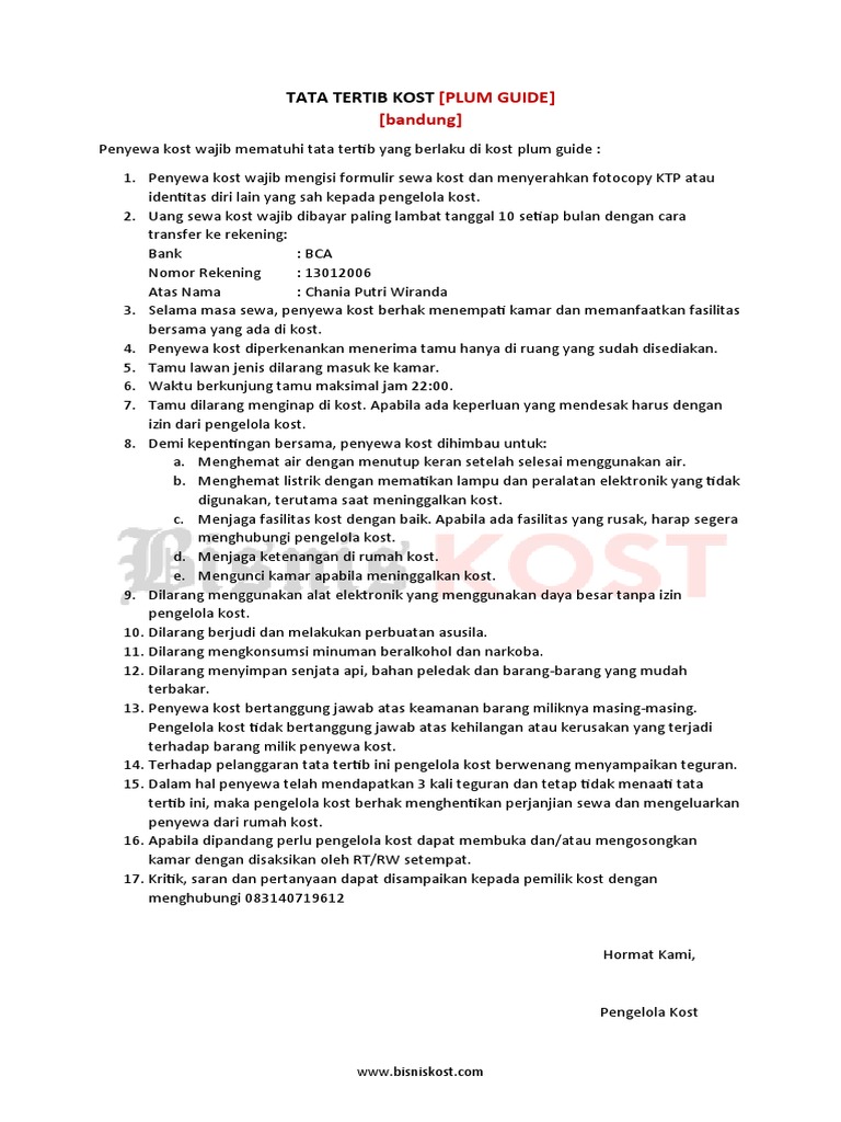 Contoh Peraturan Kost | PDF