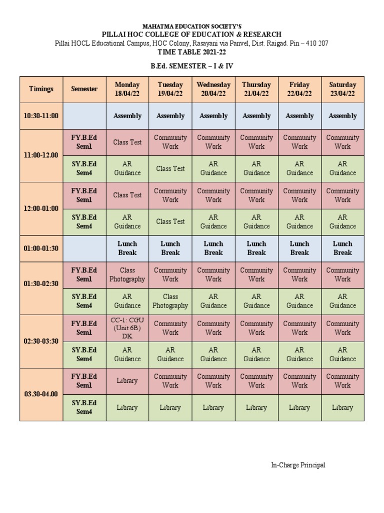 Sem1 & 4 - Timetable | Download Free PDF | Educational Organizations
