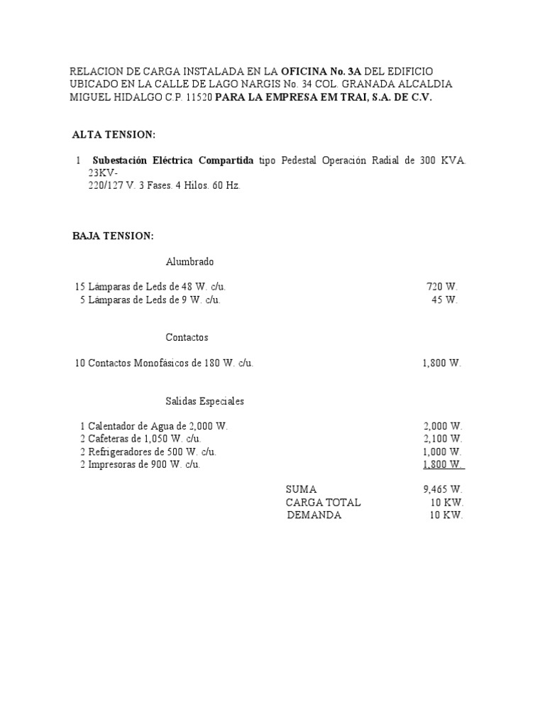 RELACION DE CARGA INSTALADA EN LA OFICINA No 3A LAGO NARGIS 34 COL ...