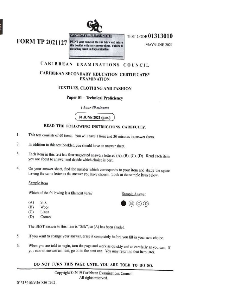 2021 Jun CSEC TCF P1 | PDF | Textiles | Clothing