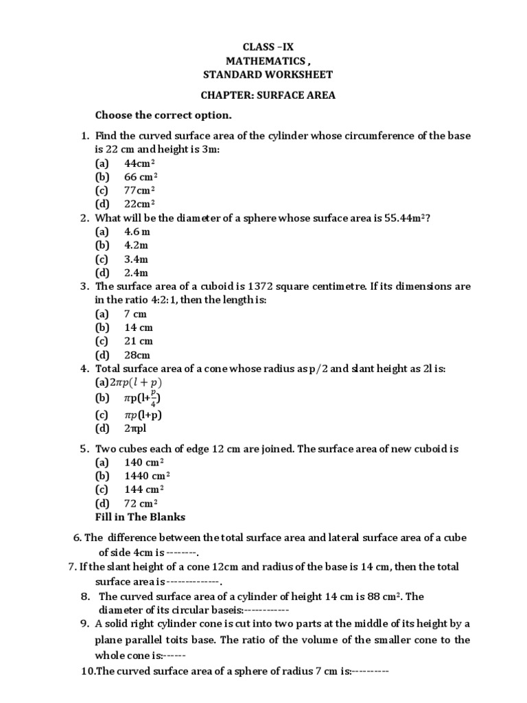 Class 9 Surface Area Worksheet | PDF | Area | Sphere