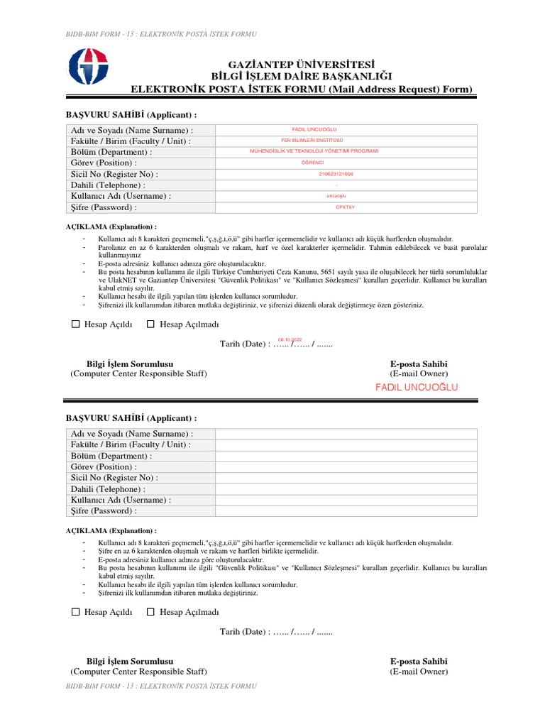 Bidb Bim Form 13 Elektronik - Posta - Istek - Formu11481 | PDF
