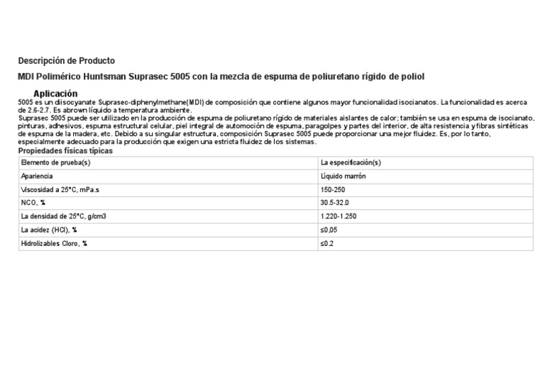 MDI Polimérico Suprasec 5005: Usos y Propiedades | PDF