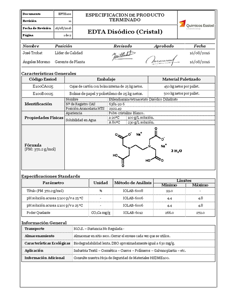Edta Disodico Cristal | Descargar gratis PDF | Química | Materiales