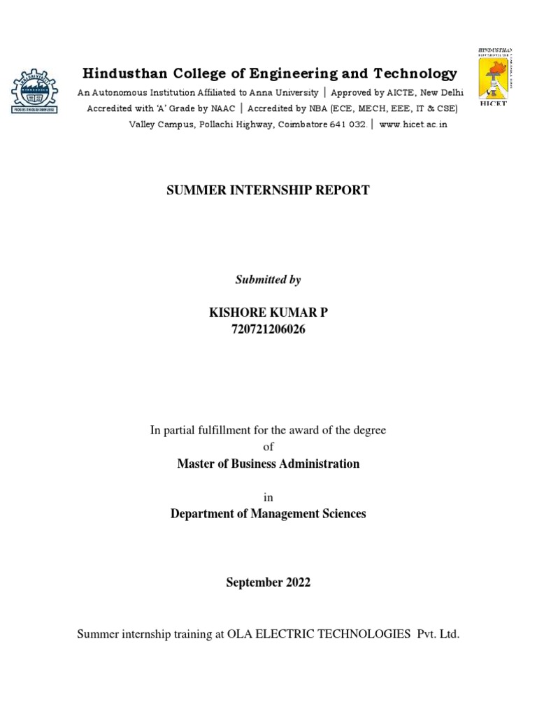 KISHORE Front Page Internship | PDF | Master Of Business Administration ...