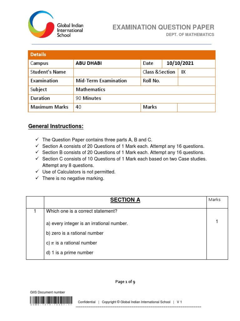 Grade 9 Midterm Qp 2021 22 Pdf Cartesian Coordinate System Numbers