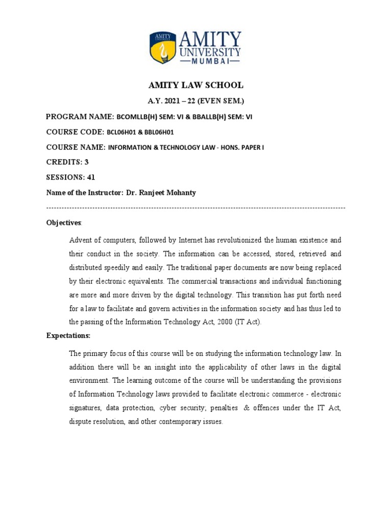 Sessionplans A6a47course Outline Information And Technology Law Sem Vi 1673