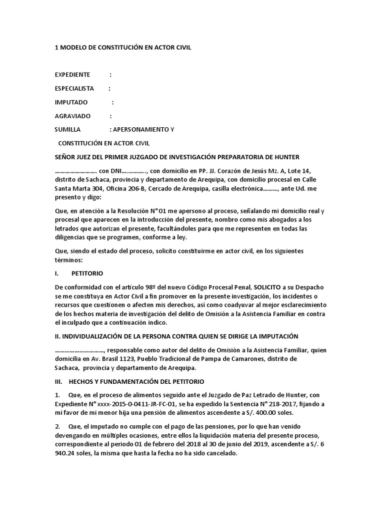 1 Modelo de Constitución en Actor Civil | PDF | Demanda judicial | Mandato