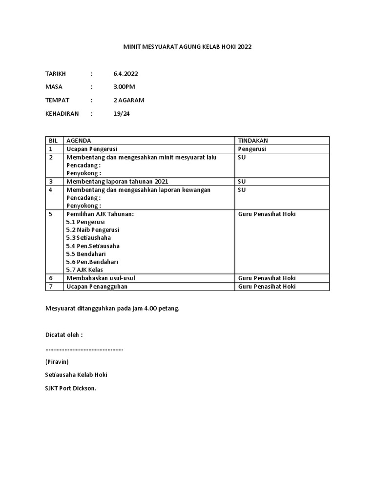 Minit Mesyuarat Agung Kelab Hoki 2022 | PDF