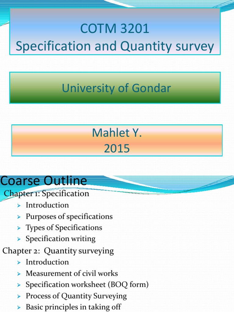 COTM 3201 Specification and Quantity Survey: University of Gondar | PDF ...