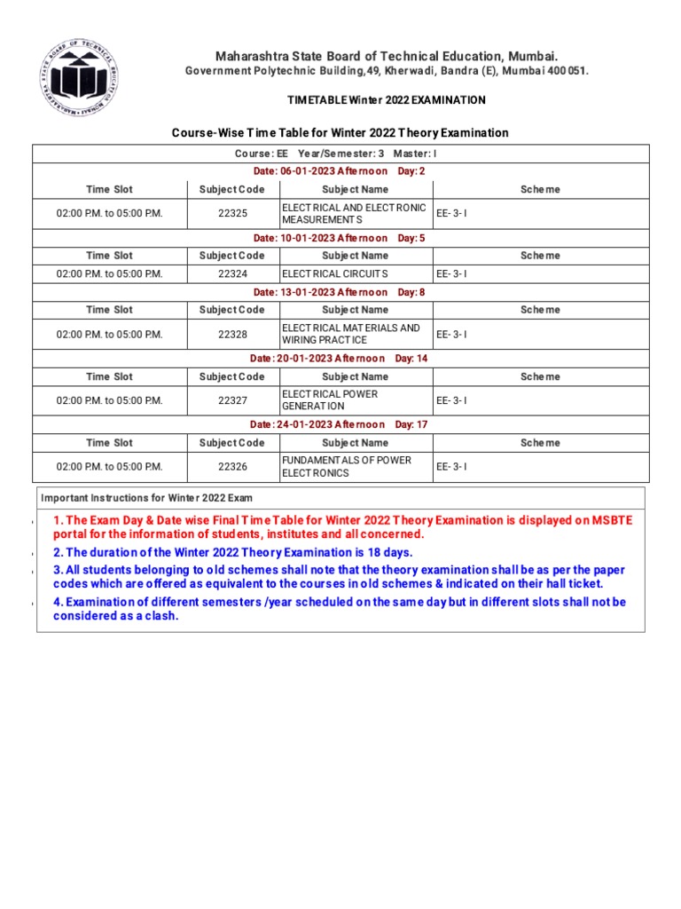 Time Table For Winter 2022 Theory Examination (1) PDF - 221220 - 113013 ...