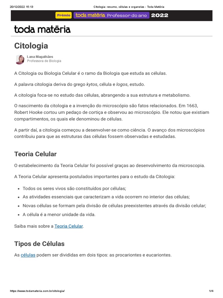 Citologia - Resumo, Células e Organelas - Toda Matéria | PDF | Célula ...