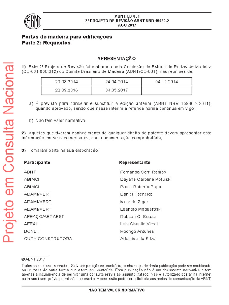 2º PROJETO DE REVISÃO ABNT NBR 15930-2 - Portas de Madeira para ...