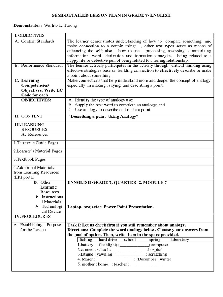 Semi-Detailed Lesson Plan in Grade 7tarong-1 | PDF | Analogy | Lesson Plan