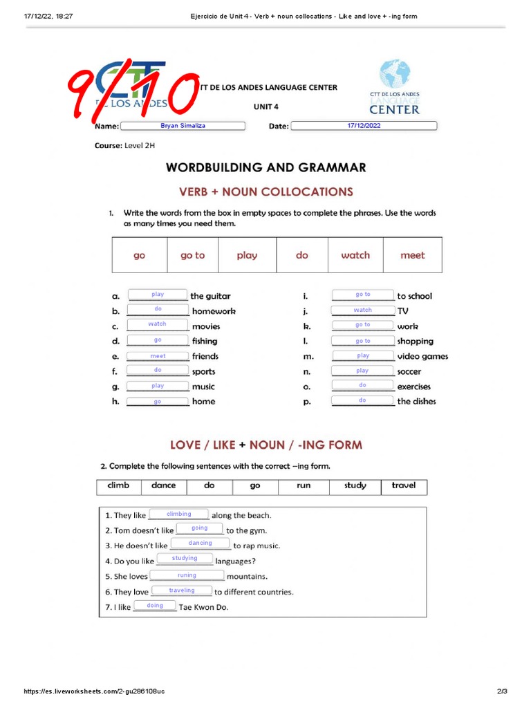 Verb + Noun Collocations Exercise | PDF