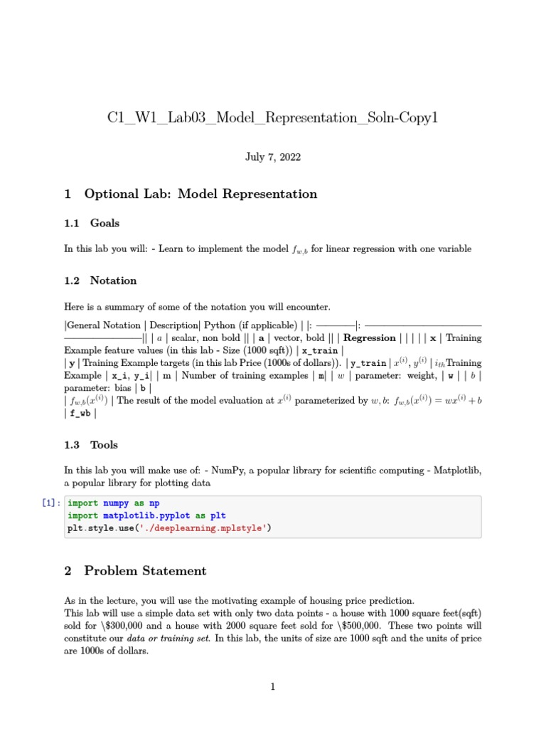 C1 W1 Lab03 Model Representation Soln-Copy1 | PDF | Regression Analysis | Array Data Structure