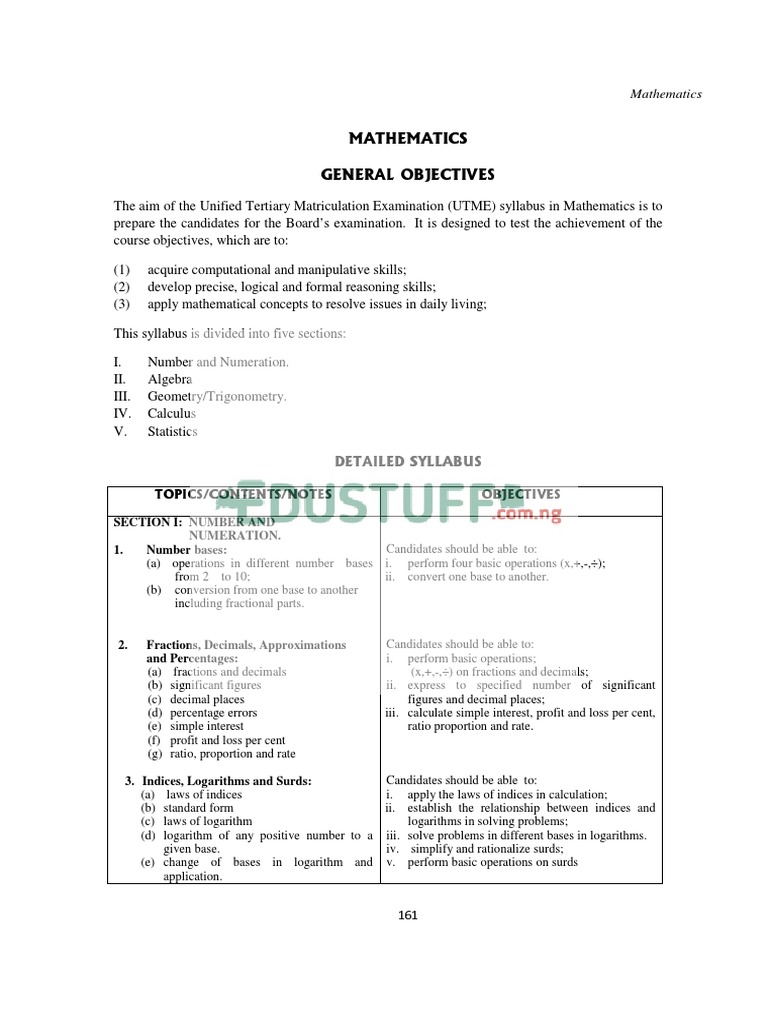 Understanding the Objectives and Content of the Mathematics Syllabus for the Unified Tertiary ...