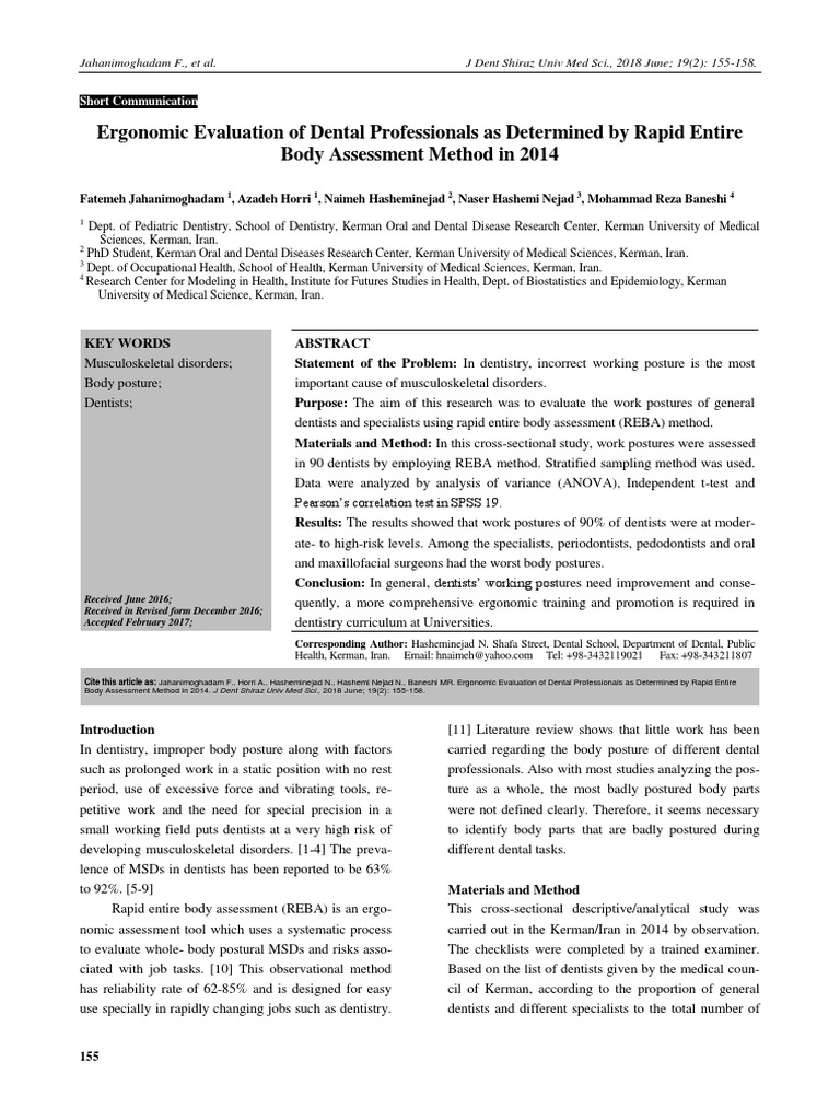 2018 Ergonomic Evaluation of Dental Professionals As Determined by REBA ...