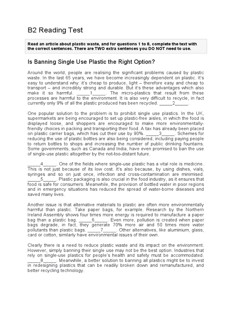 B2 Reading Test1 | PDF | Recycling | Plastic
