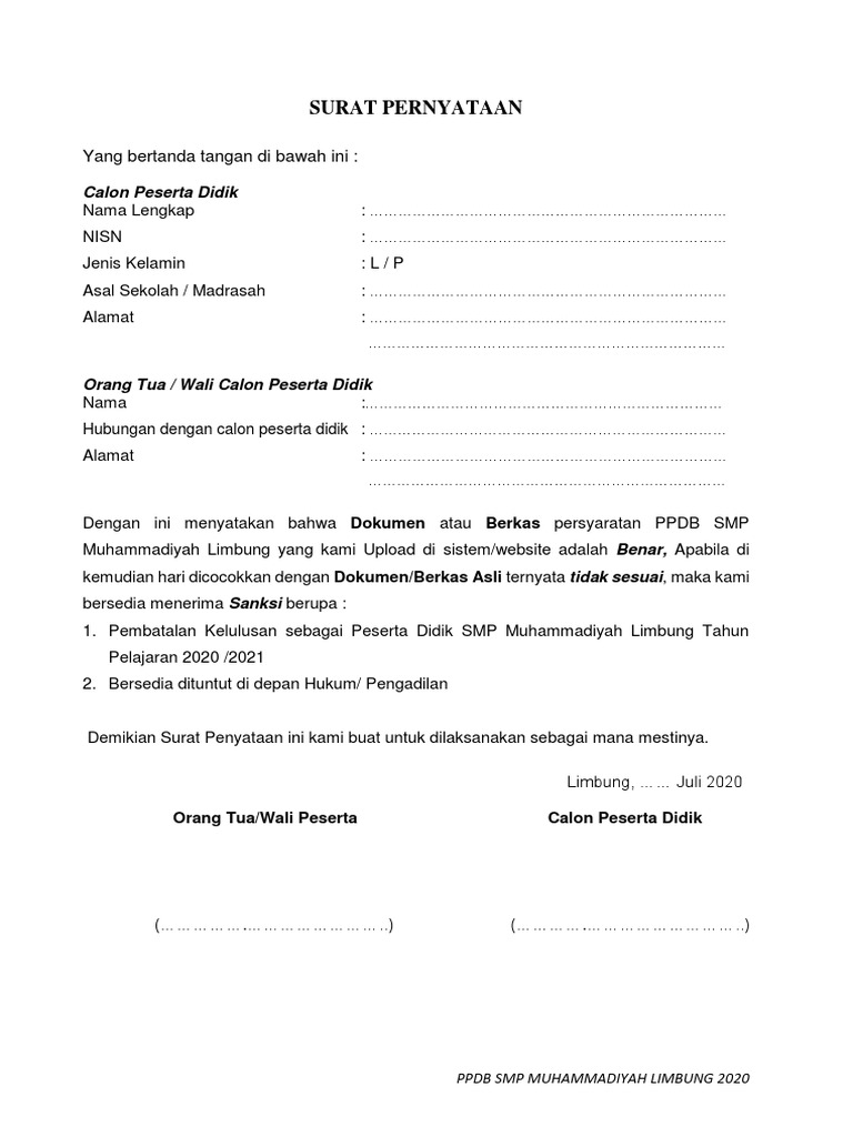 Format Surat Pernyataan PPDB Spemul 2020 | PDF