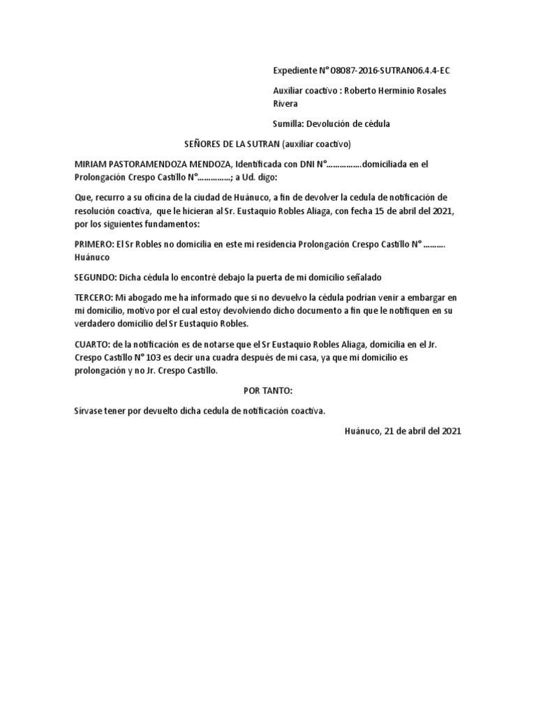 Devolución Cédula Notificación Incorrecta | PDF