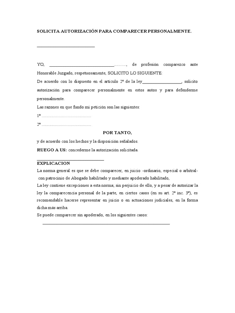 Modelo Chile - Solicitud - Autorización - Comparecer Personalmente. | PDF