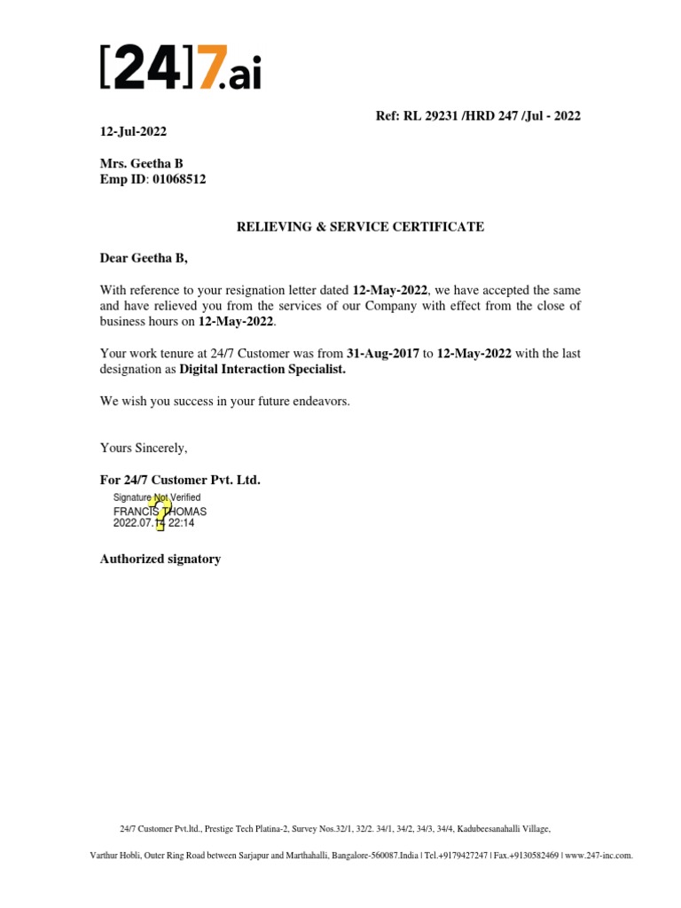 Ref: RL 29231 /HRD 247 /jul - 2022 12-Jul-2022 Mrs. Geetha B Emp ID ...